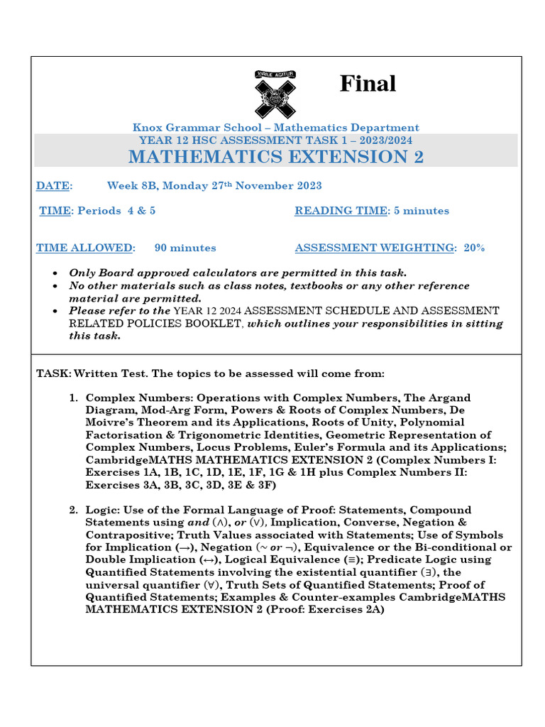 2024 Year 12 Mathematics Extension 2 Task 1 Assessment Notice Term 42023 | PDF | Complex Number ...