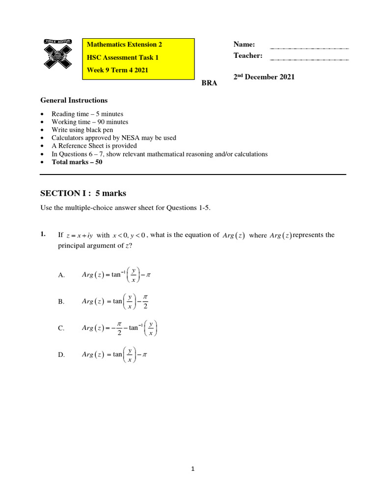 2022 Yr 12 Mathematics Extension 2 Task 1 Term 42021 Final | PDF | Complex Number | Mathematical ...