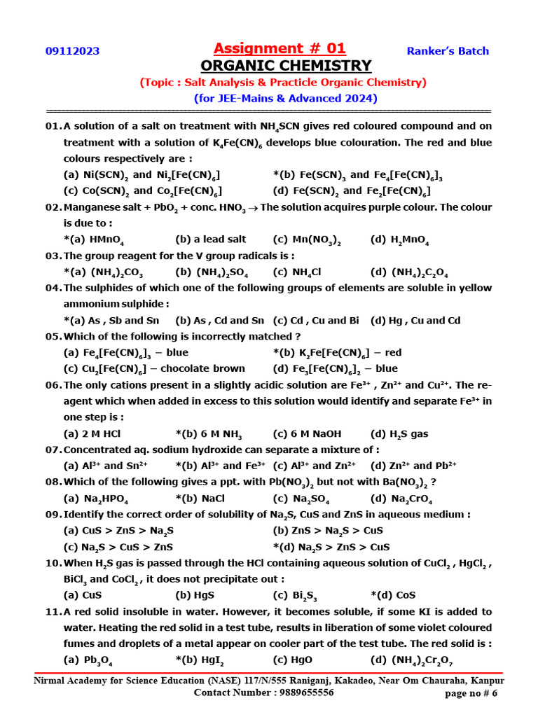 Answer Assignment 02 Salt Analysis & Practical Organic Chemistry | PDF | Acid | Nitrogen