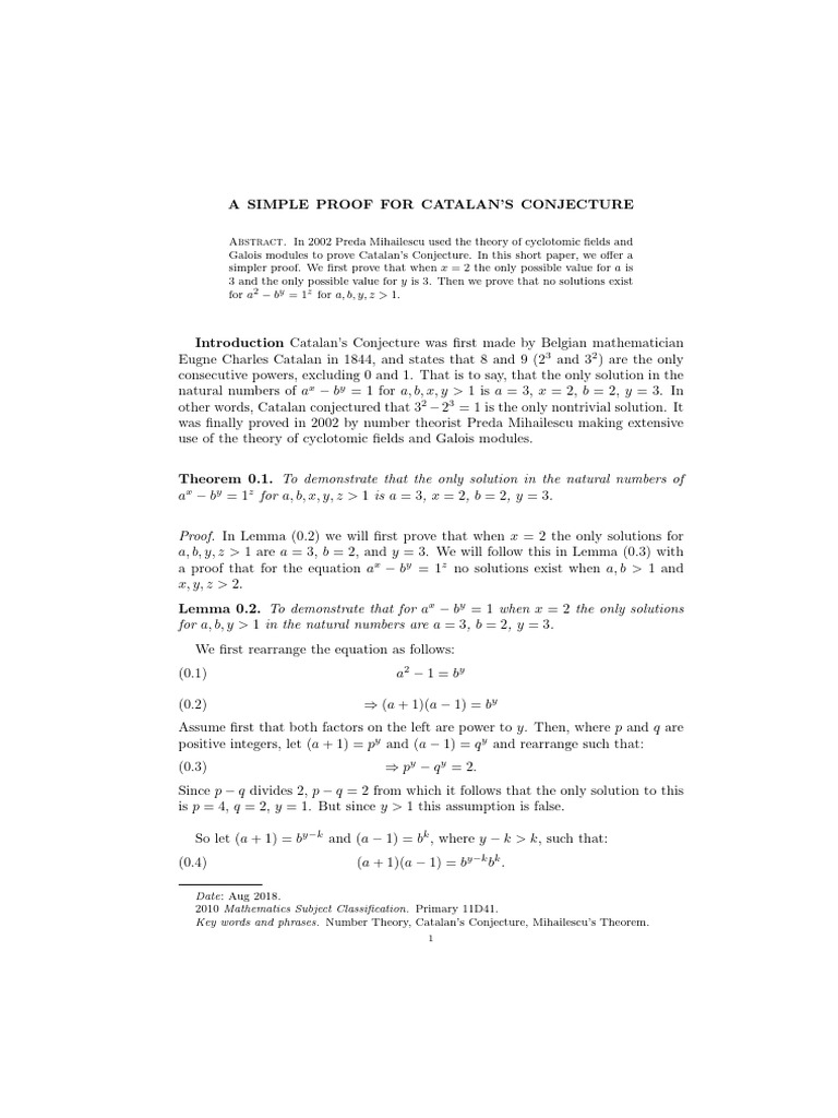 Simple Proof of Catalans Conjecture | PDF