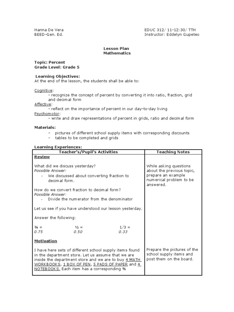 Lesson Plan Mathematics Topic: Percent Grade Level: Grade 5 Learning ...