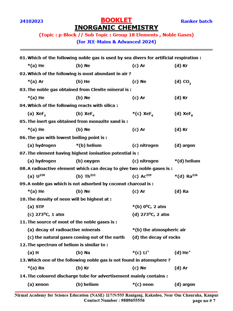Answer Booklet On Noble Gases | PDF