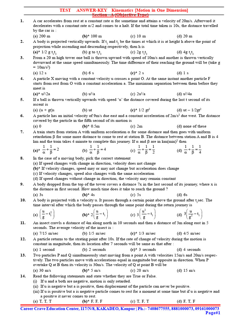 Answer Test On Kinametics (Motion in One Dimension) | PDF ...