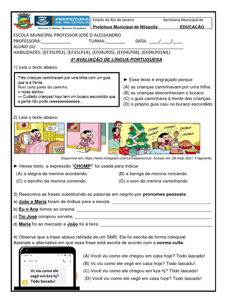 Prova de Português 4º Bimestre | PDF