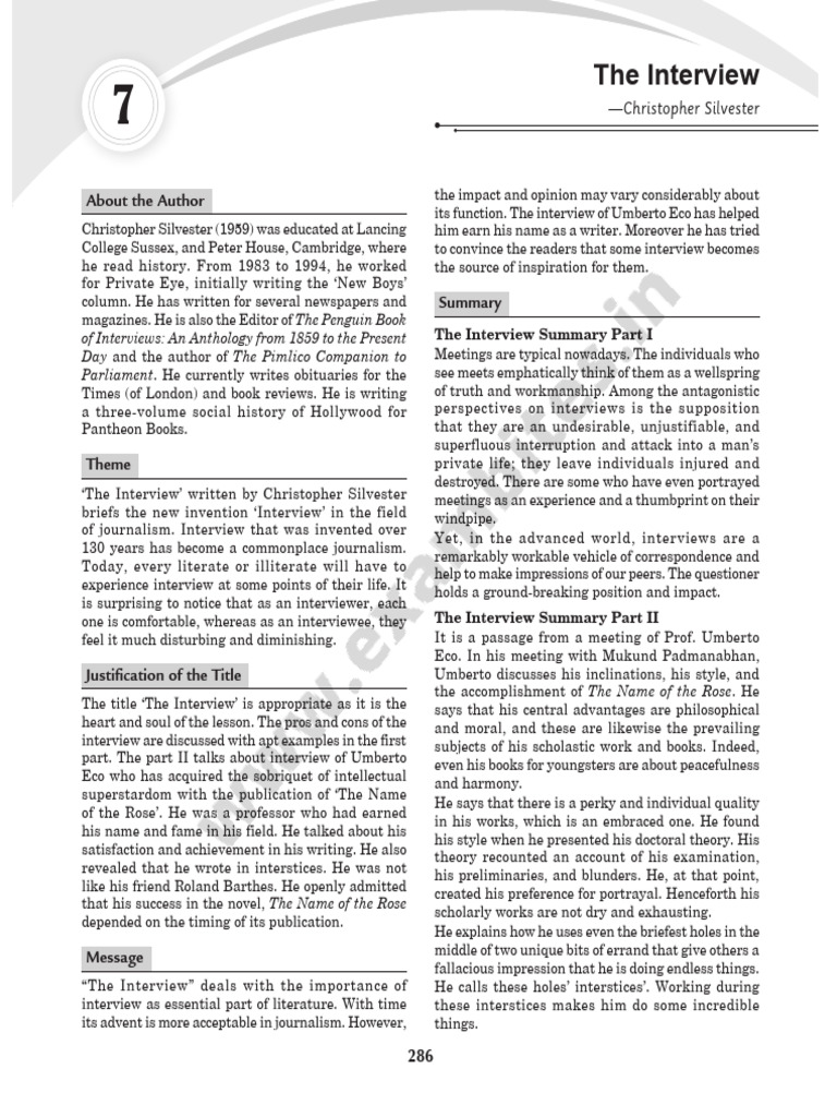 The Interview Chapter 7 Class 12 2023 | PDF | Novels