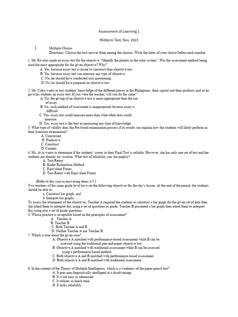 Midterm Test on Assessment Methods | PDF | Educational Assessment ...