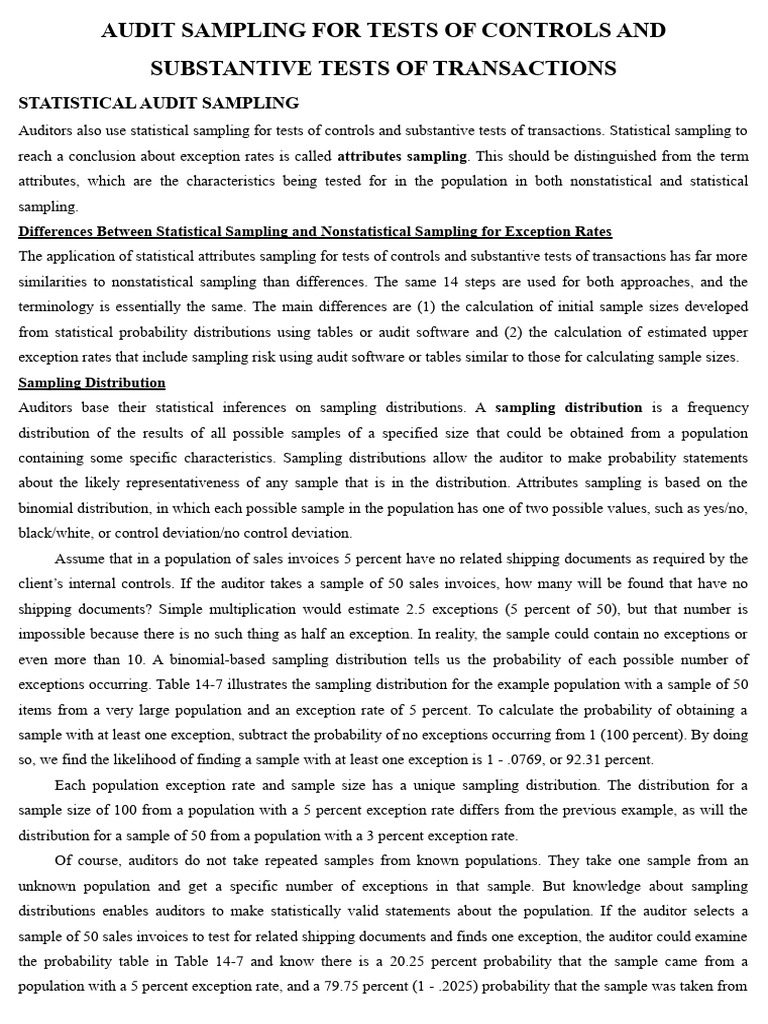 Audit Sampling For Tests Of Controls And Substantive Tests Of Transactions Pdf Statistics