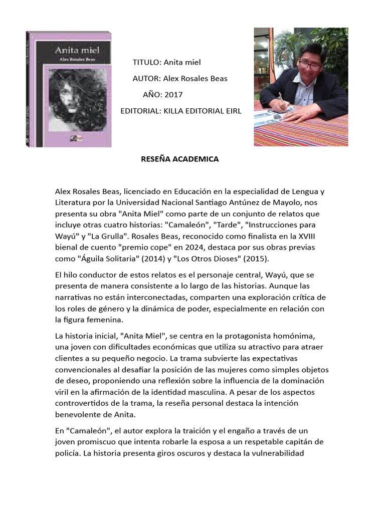 Anita Miel: Relatos de Alex Rosales Beas | PDF