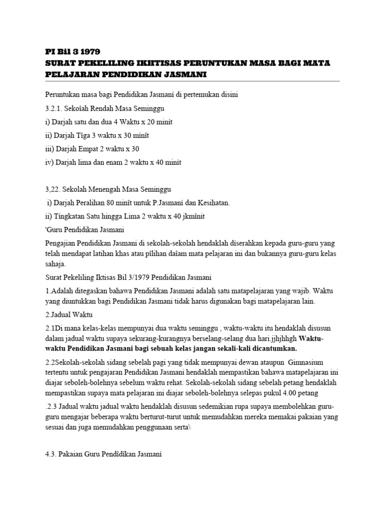 Spi Bil 3 1979 Peruntukan Masa Bagi Mata Pelajaran Pendidikan Jasmani Pdf