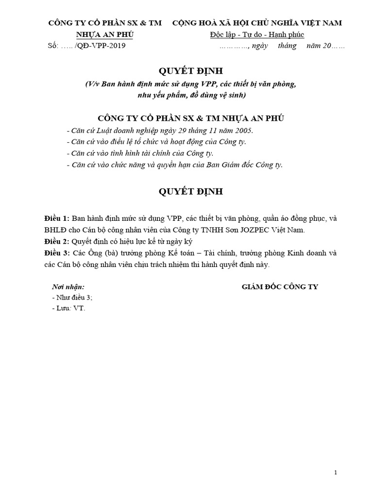 Quy Định Dinh Muc Sd Vpp, Bhld | PDF