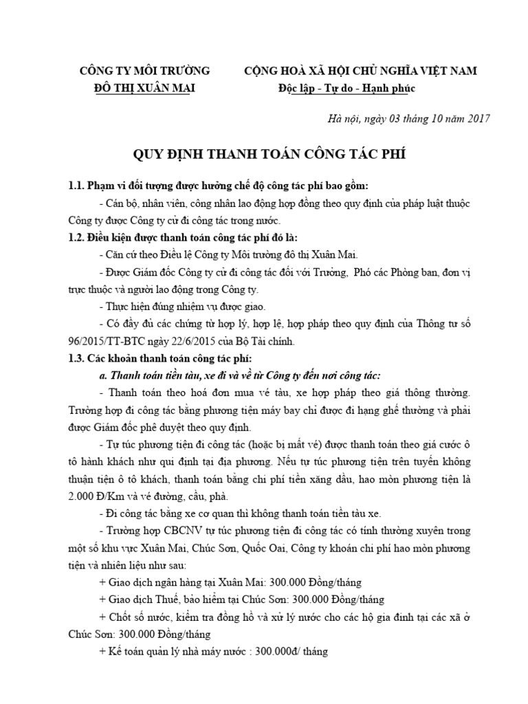 Quy định công tác phí | PDF