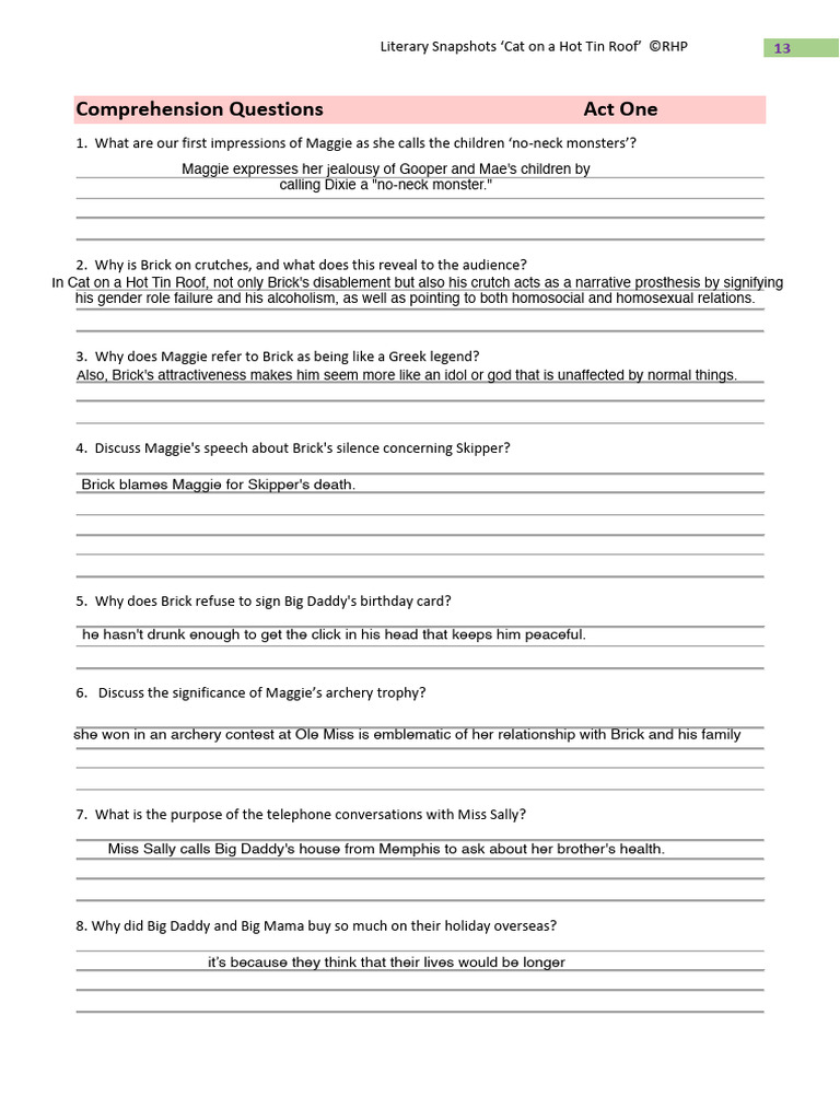 Cat On A Hot Tin Roof ACT 1 Q&A-M1 2 | PDF