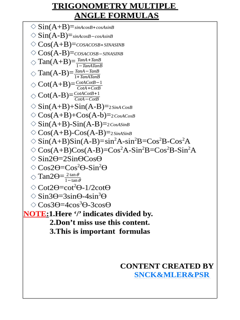 Trigonometry Multiple Angle Formulas | PDF