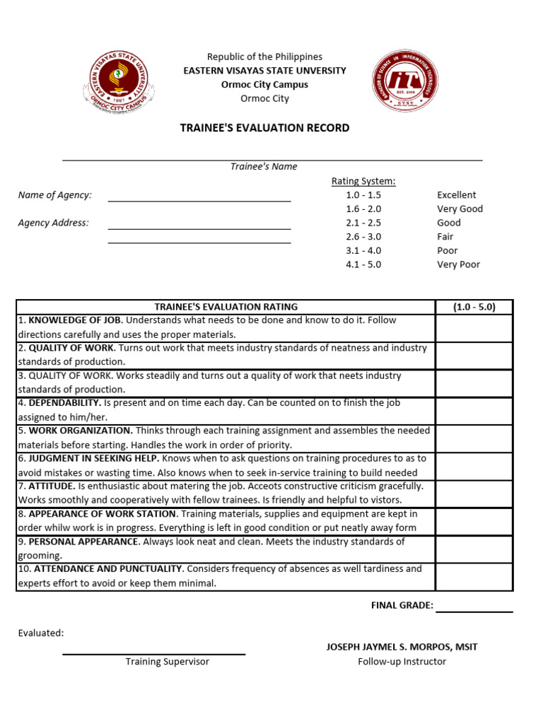 Trainees Evaluation Record 2 | PDF