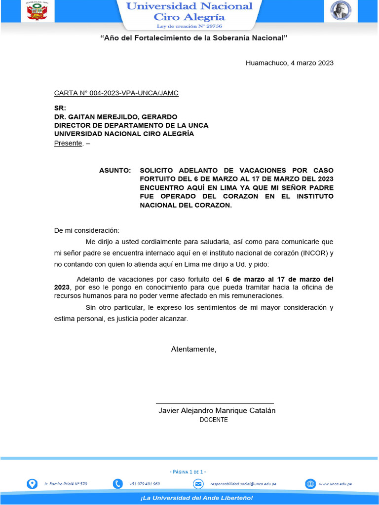 Carta - Adelanto de Vacaciones | PDF | Bienestar Carta - Adelanto de Vacaciones | PDF | Bienestar