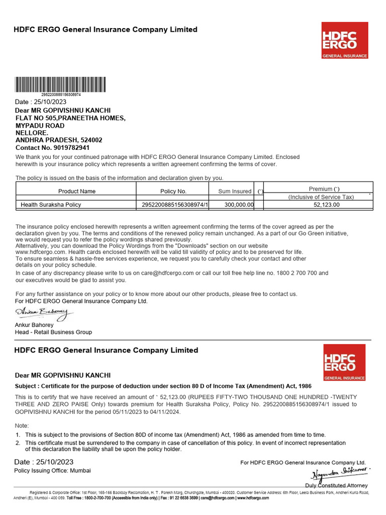 HDFC Ergo Policy Renewal 2023 Self | PDF | Insurance