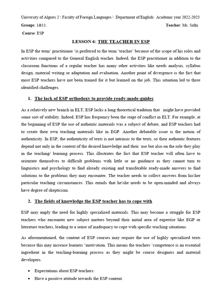 Lesson 6 the ESP teacher | PDF | Teachers | Learning