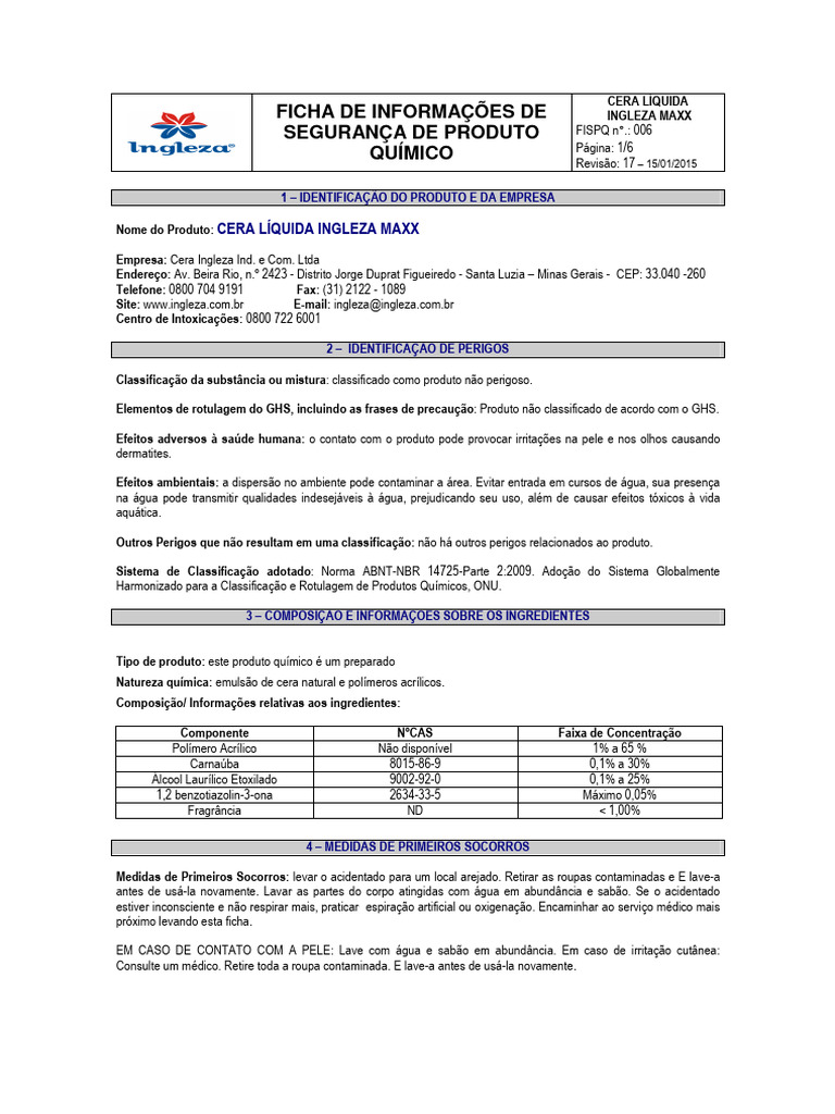 FISPQ Cera Liquida Ingleza Maxx | PDF | Química | Águas residuais