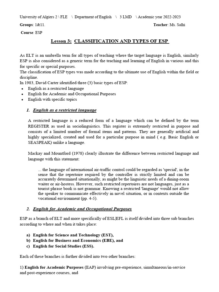 Lesson 3 Classification and Types of ESP (1) | PDF | English Language ...
