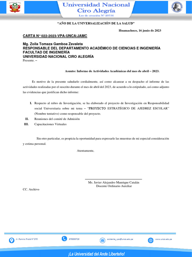 CARTA 22 JAMC INFORME ACTIVIDADES Abril 2023 | PDF | Aprendizaje ...