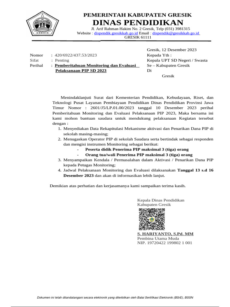Surat Pemberitahuan Monev PIP SD 2023 | PDF