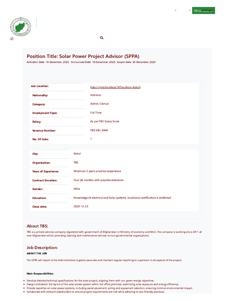 ACBAR - Solar Power Project Advisor (SPPA) | PDF