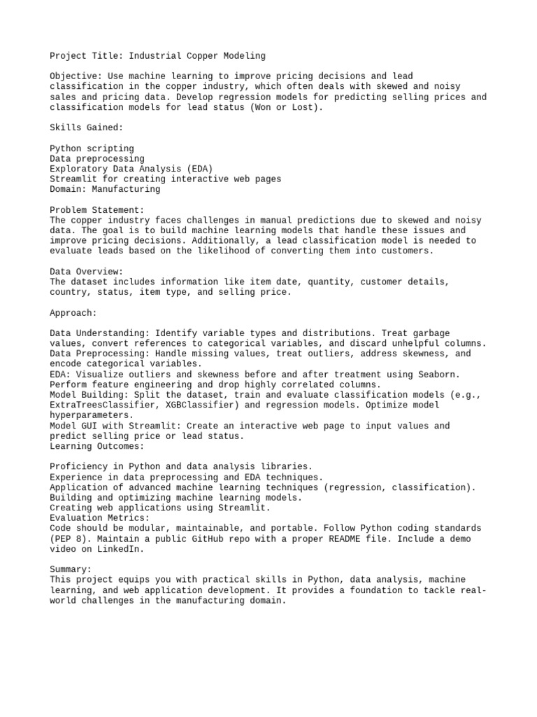 Industrial Copper Modeling Project Explanation | PDF
