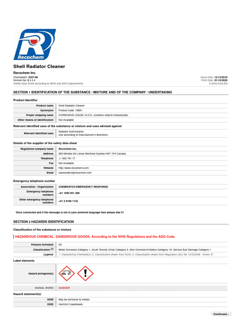 shell-radiator-cleaner | PDF | Dangerous Goods | Chemistry