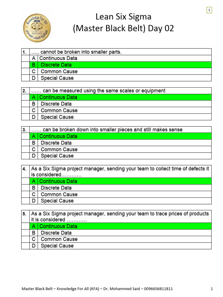 MBB Exam: Data Types in Six Sigma | PDF | Six Sigma | Standard Deviation