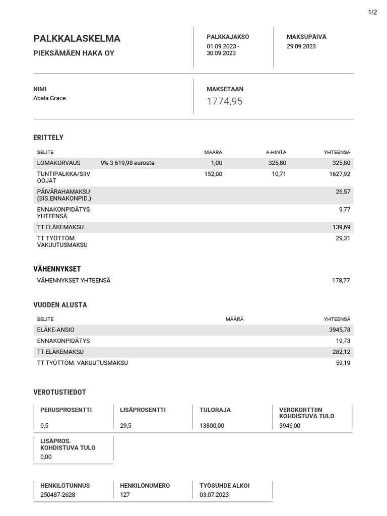 Palkkalaskelma: Pieksämäen Haka Oy | PDF