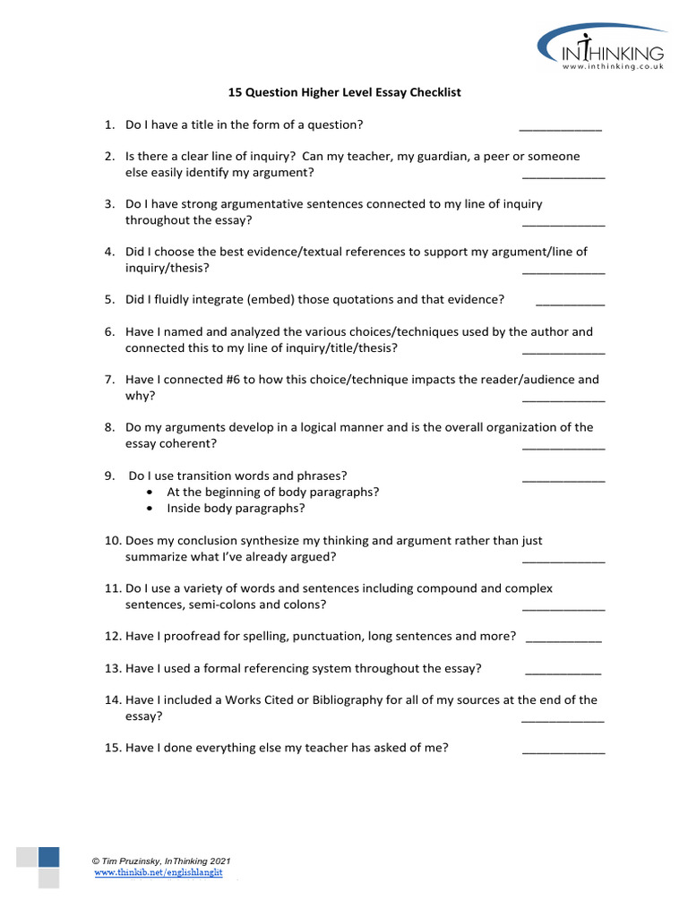Higher Level Essay Checklist Guide | PDF | Language Arts & Discipline