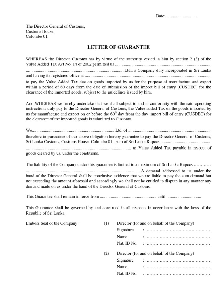 Letter of Guarantee For Permanent Vat Deferment | PDF | Customs | Value ...