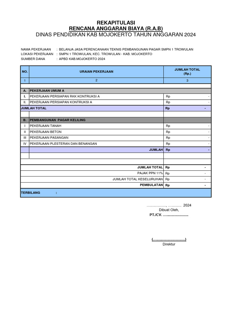 RAB Pembangunan Pagar SMPN 1 Trowulan | PDF