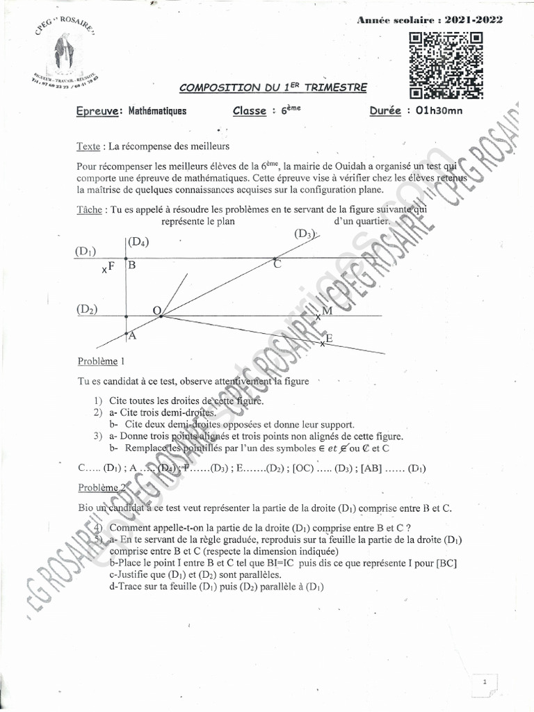 Composition Du 1er Trimestre Mathematiques 6ème 2021-2022 Cpeg Le Rosaire | PDF