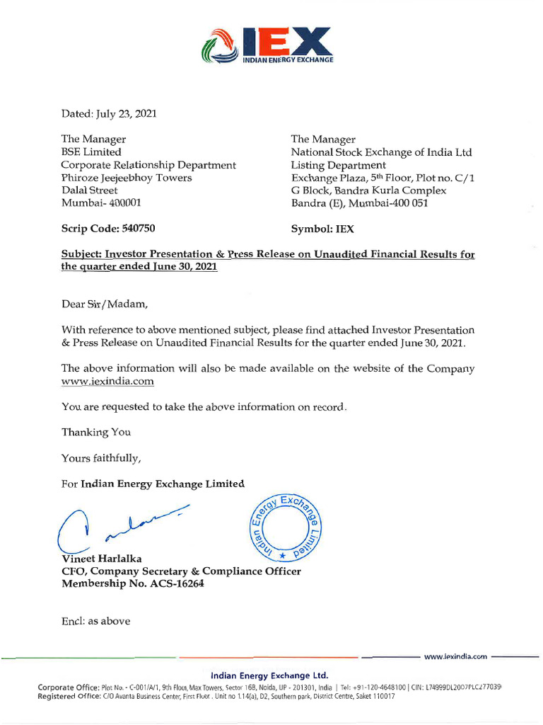 Scrip Code: 540750 Symbol: IEX Subject: Investor Presentation & Press ...