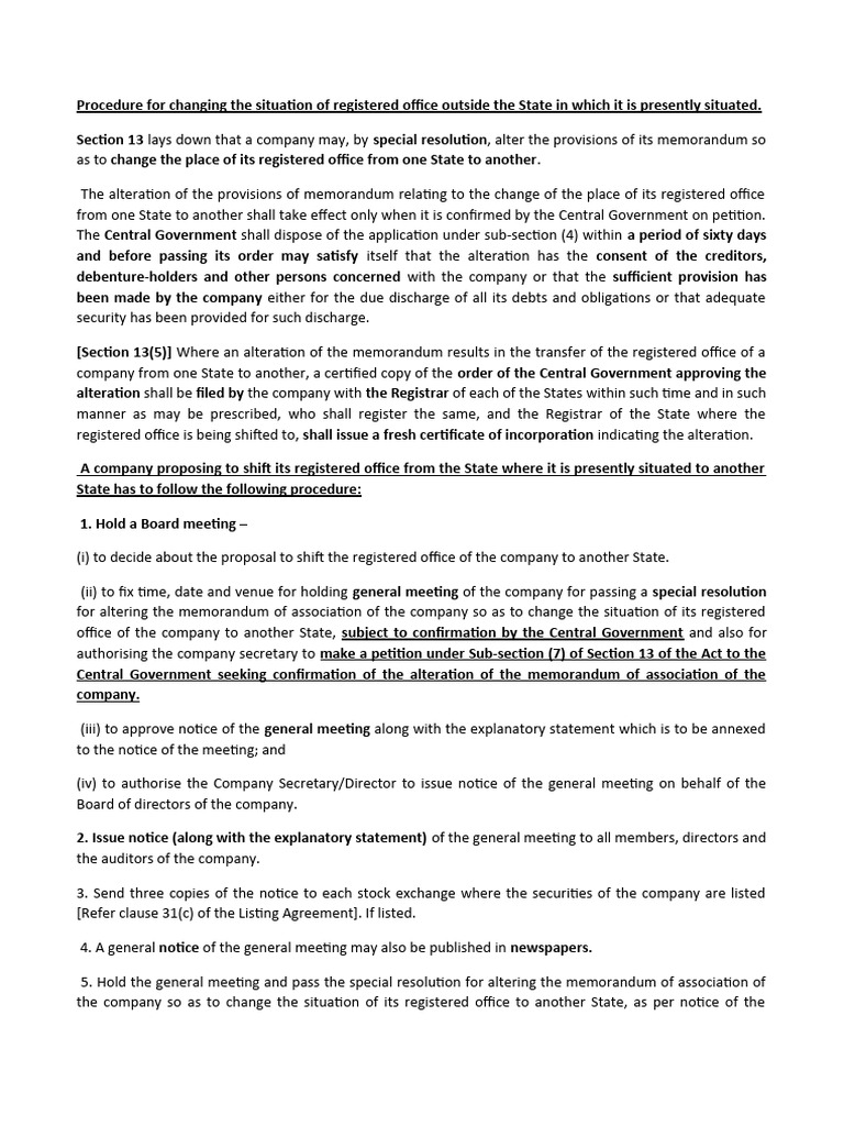 Change of Registered Office From One State To Another State | PDF ...