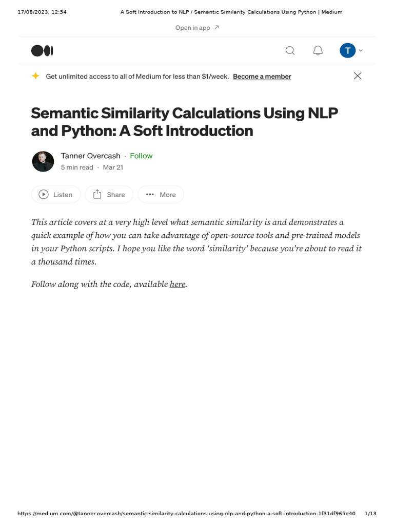 A Soft Introduction To NLP - Semantic Similarity Calculations Using Python - Medium | PDF ...