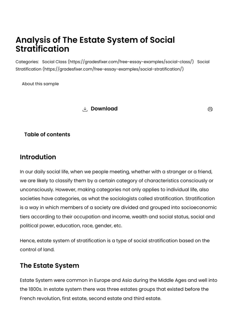 Analysis of The Estate System of Social Stratification - (Essay Example ...