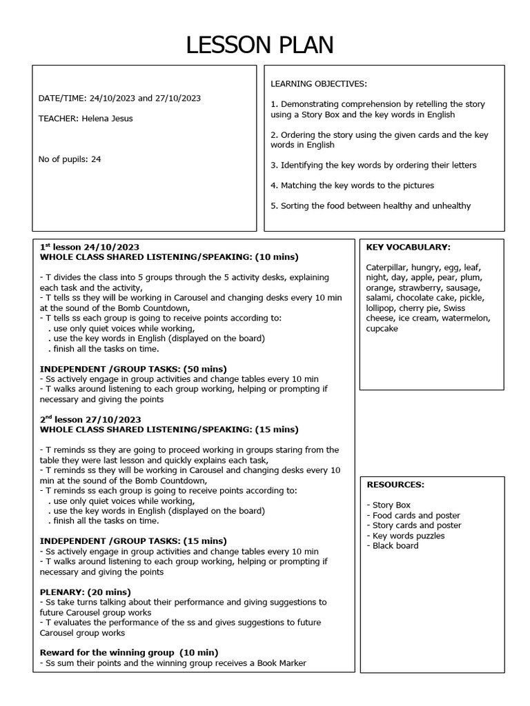 Lesson Plan The Very Hungry Caterpillar | PDF | Human Communication ...