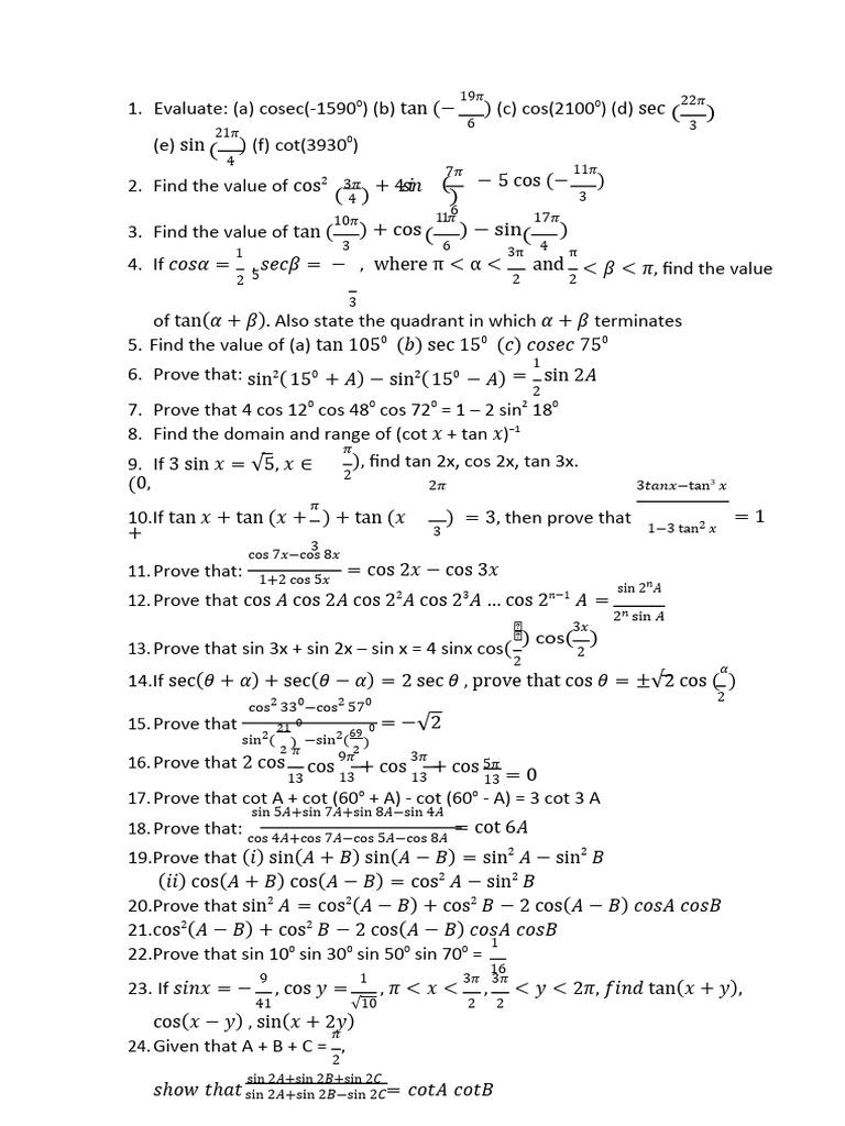 Trigonometry Problem Set | PDF | Lie Groups | Functions And Mappings