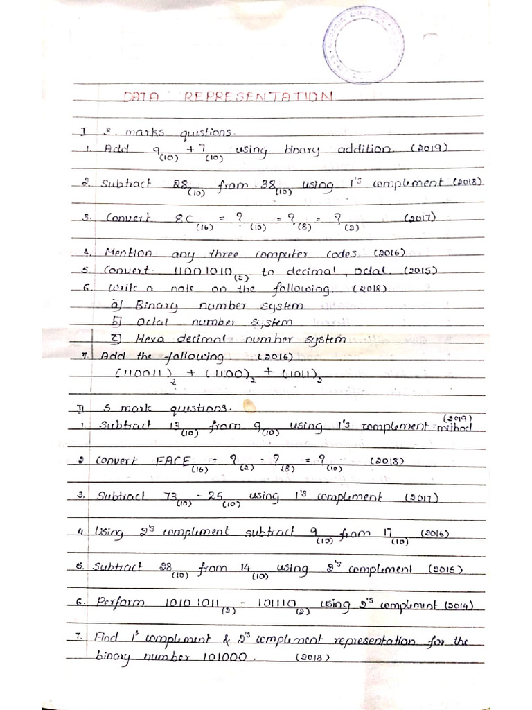 Data Representation Important Questions | PDF