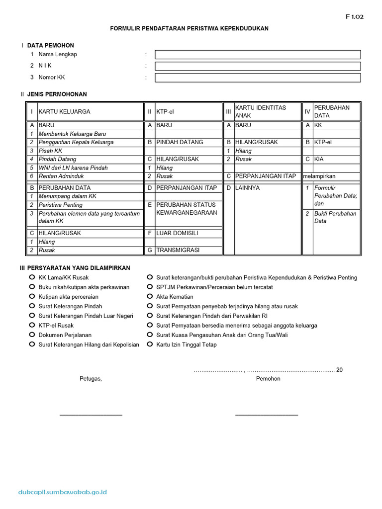 F 1.02 - Formulir Pendaftaran Peristiwa Kependudukan | PDF