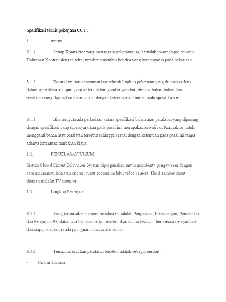 Spesifikasi Teknis Pekerjaan CCTV | PDF