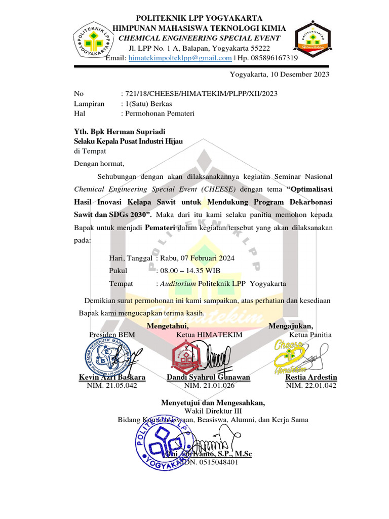 721 Surat Pemateri Proposal BPK Herman Supriadi Kepala Pusat Industri Hijau | PDF