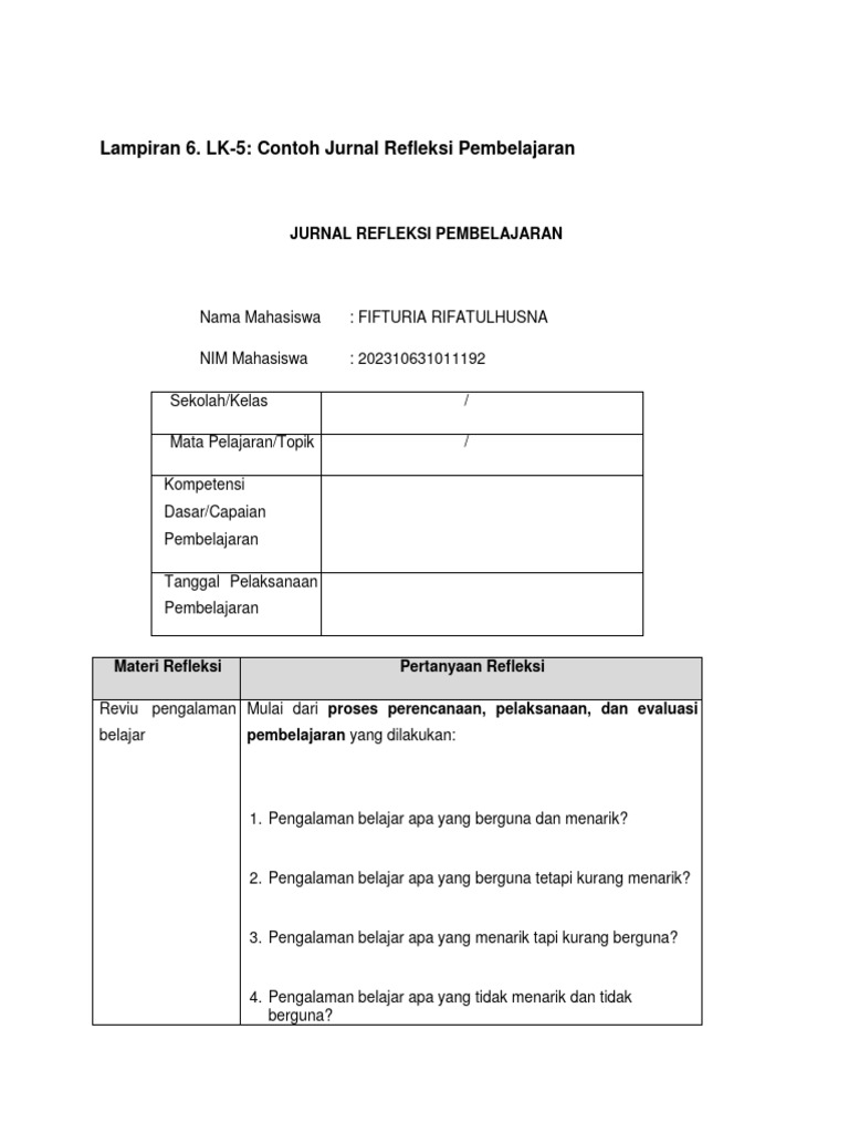 Lampiran 6. LK-5 Contoh Jurnal Refleksi Pembelajaran | PDF | Karier & Perkembangan