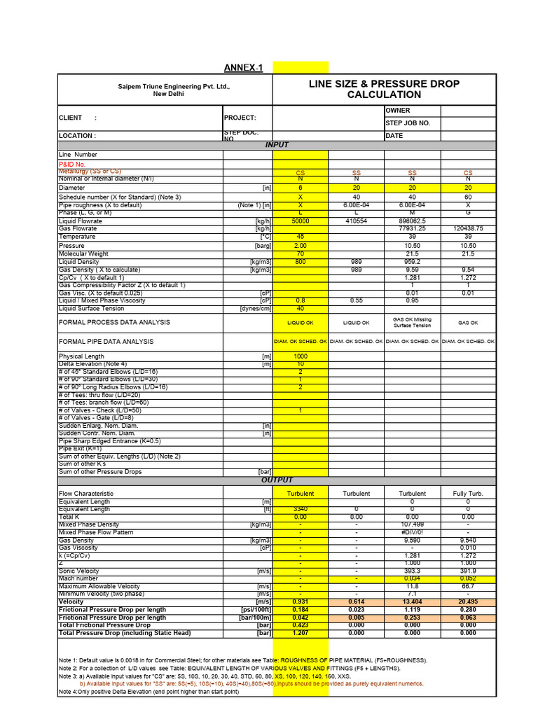 Annexure For Spreadsheet Cal Guidelines For Line Sizing-002-7002 | PDF ...