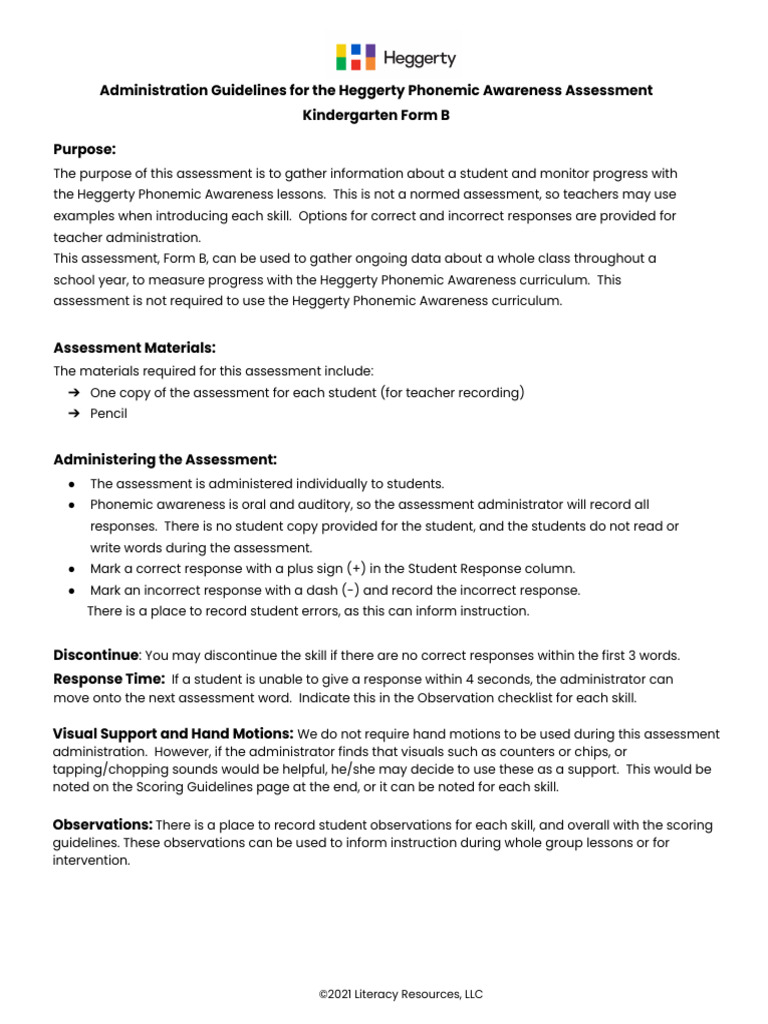 Form B Kindergarten Phonemic Awareness 2021 | PDF | Psycholinguistics ...