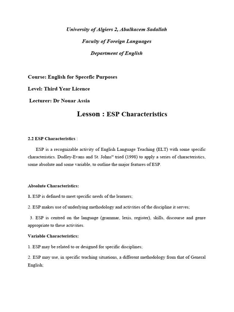 Characteristics of English for Specific Purposes | PDF | Methodology ...