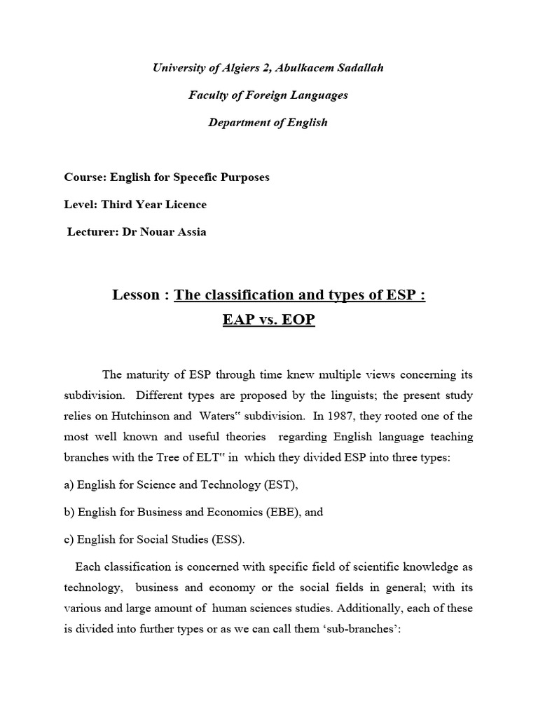 Classification of English for Specific Purposes | PDF | English ...