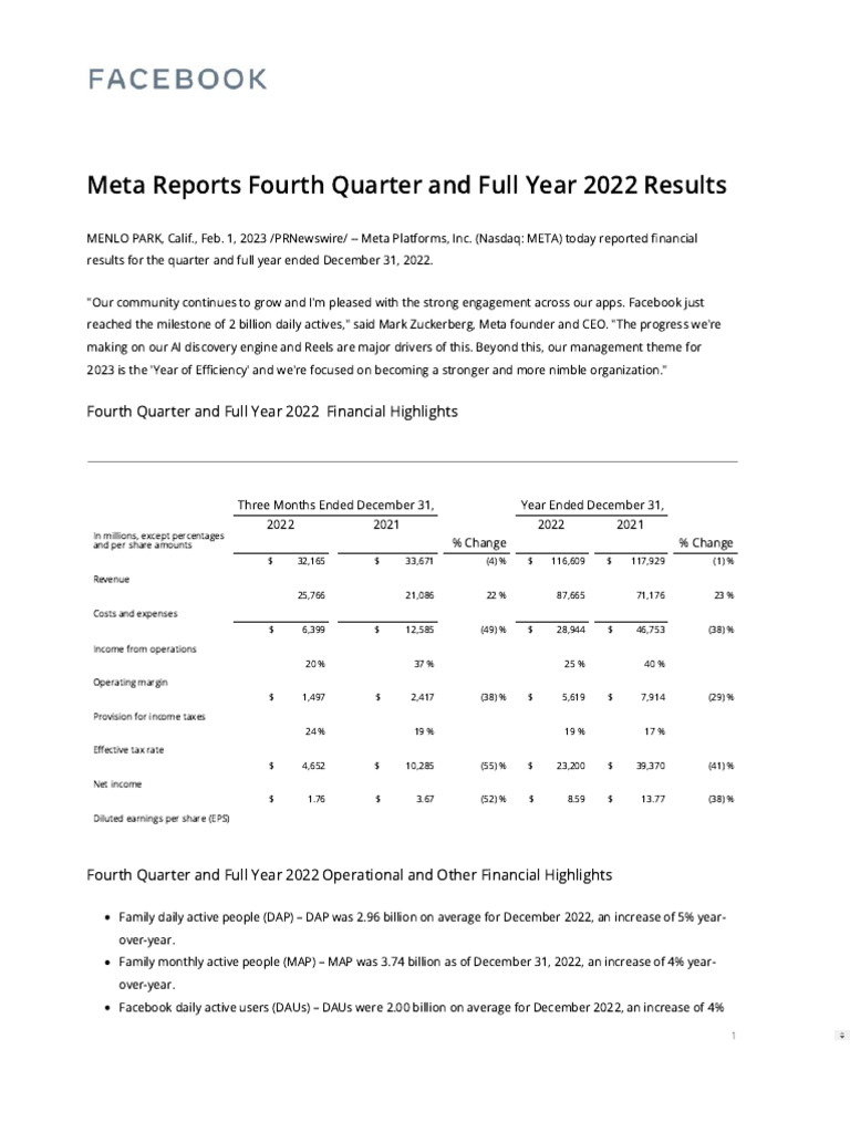 Meta's 2022 Financial Results | PDF | Equity (Finance) | Balance Sheet
